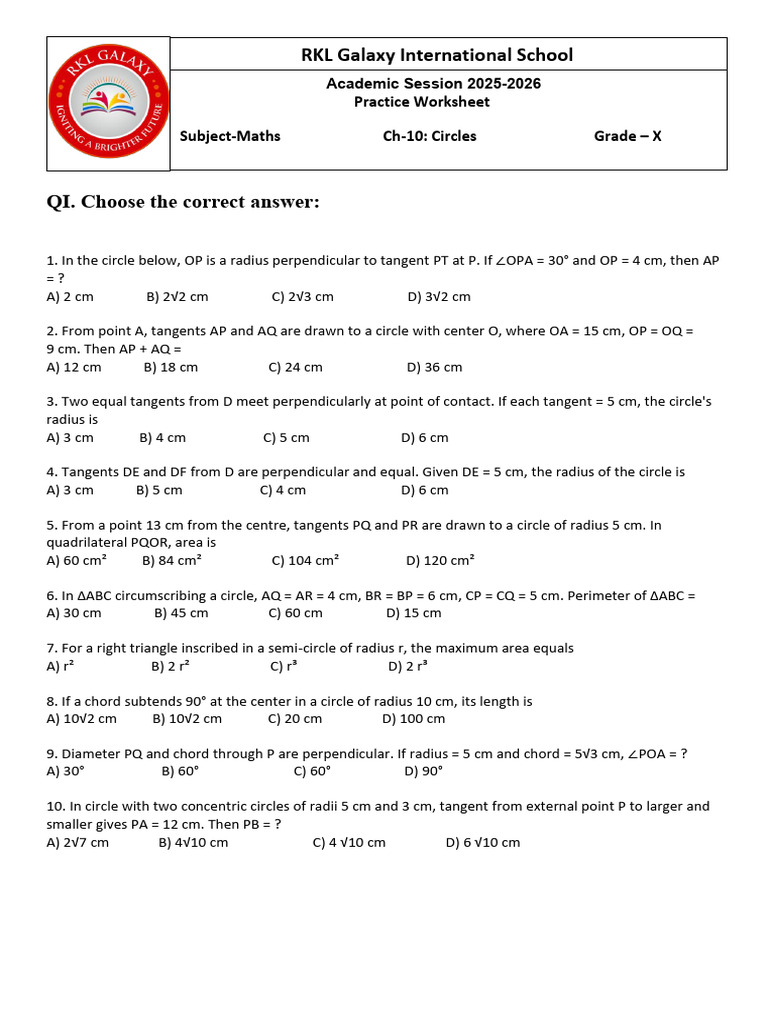 GR 10 Maths Circles MCQS.1751707462 | PDF | Circle | Area
