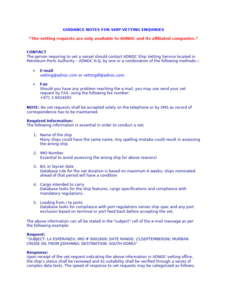 Guidance Notes For Ship Vetting Enquiries | PDF | Ships | Oil