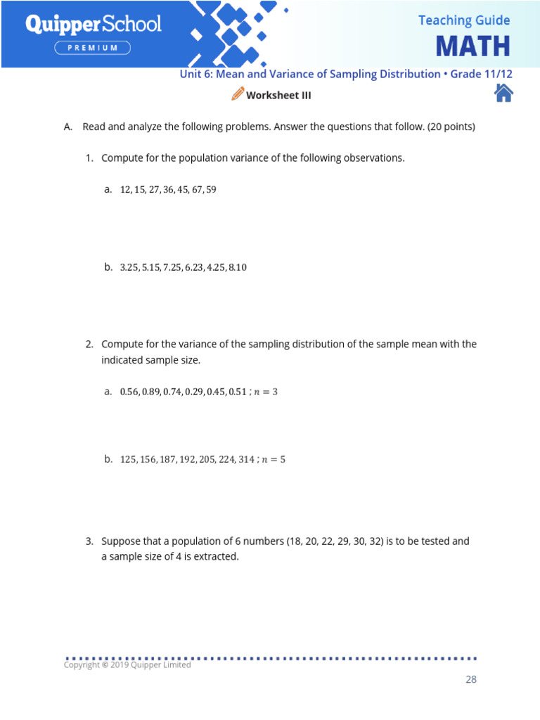 Worksheet 3 Variance of Sampling Distribution | PDF | Variance ...