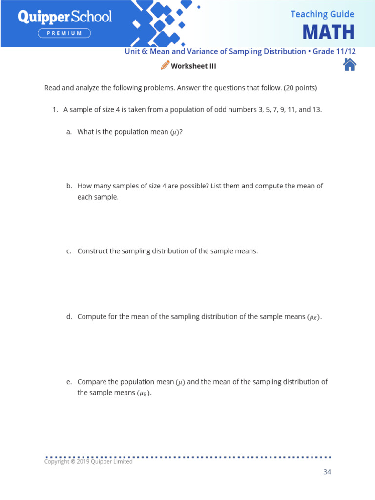 Worksheet 2 Mean of Sampling Distribution | PDF