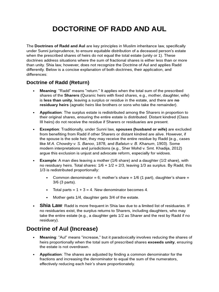 Doctorine of Radd and Aul | PDF | Inheritance | Sunni Islam