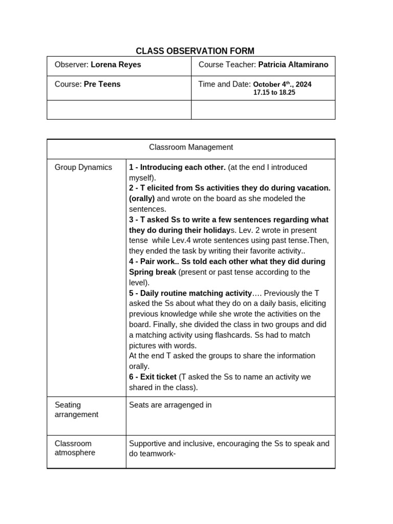 Class Observation Report October 4th | PDF | Behavior Modification | Cognition
