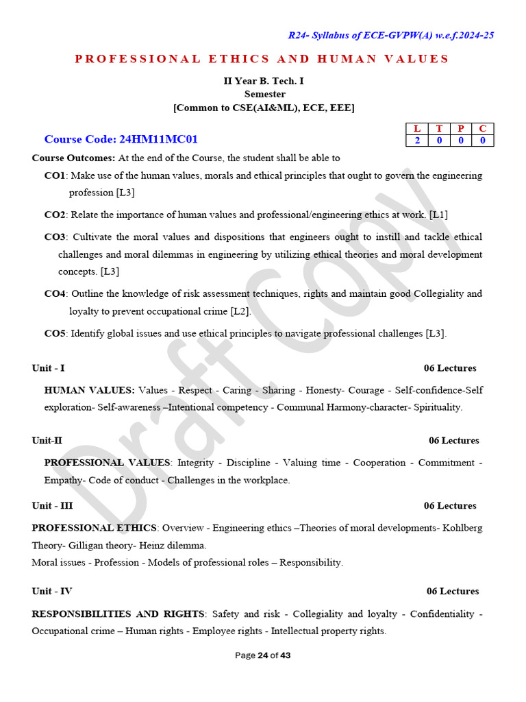 Professional Ethics and Human Values Syllabus | PDF | Professional ...