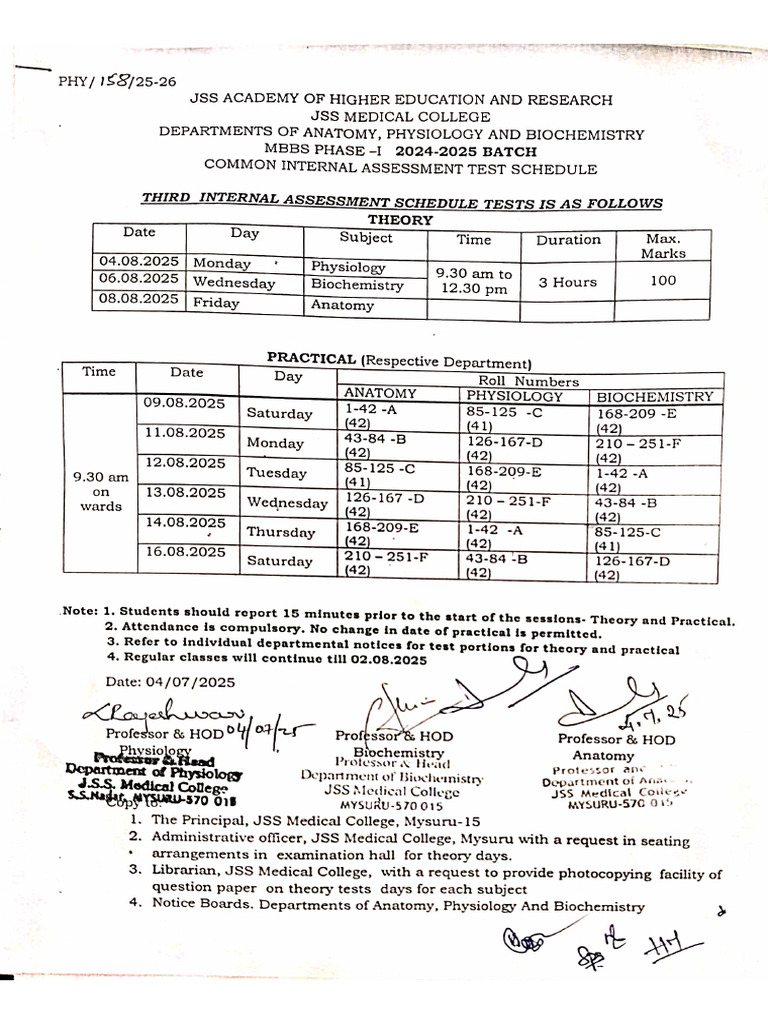 1st MBBS 24 - 25 Batch, 3rd IA and Remedial Exam Time Table | PDF