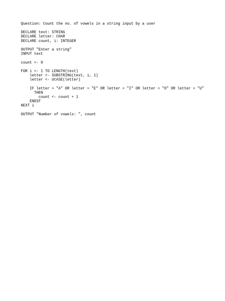 Count The No. of Vowels in A String Input by A User in Pseudocode | PDF