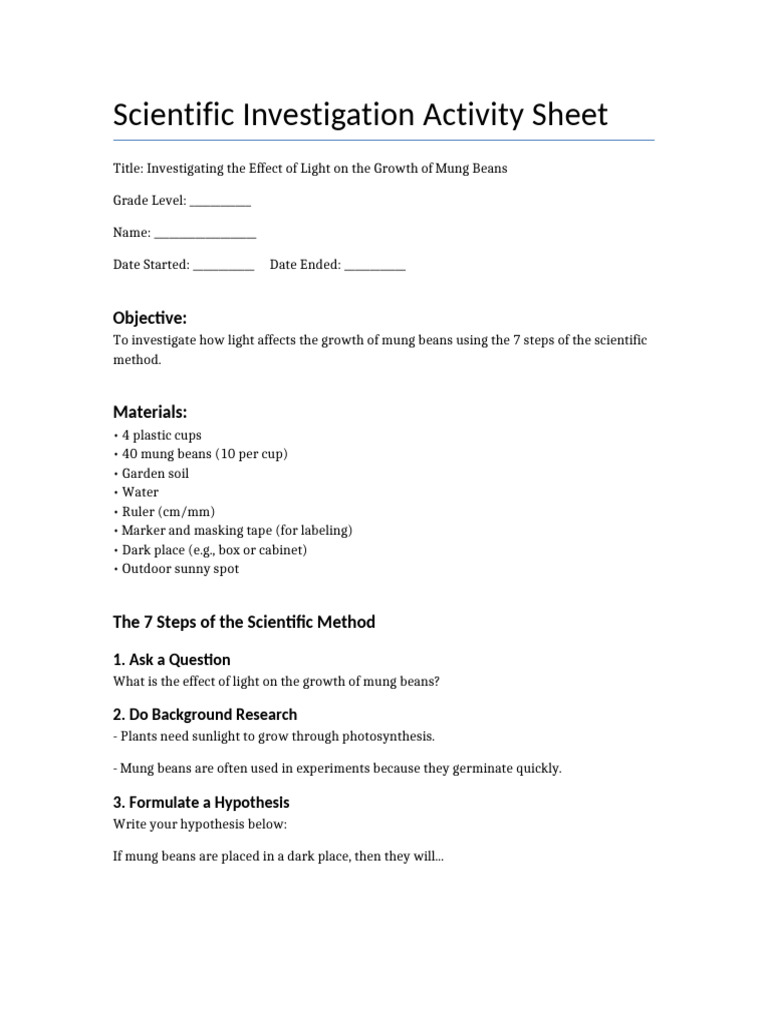 Mung Bean Scientific Method Activity | PDF | Experiment | Scientific Method