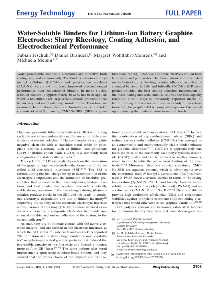 Water-Soluble Binders For Lithium-Ion Battery GraphiteElectrodes Slurry ...