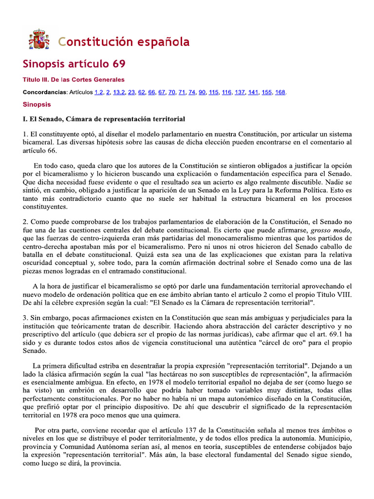 Sinopsis Artículo 69 - Constitución Española | PDF