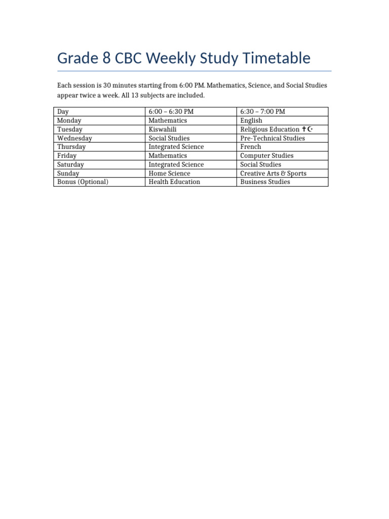 Grade 8 CBC Weekly Study Timetable | PDF