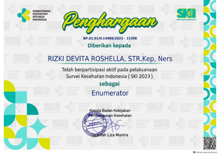 RIZKI DEVITA ROSHELLA, STR - Kep, Ners Survei Kesehatan Indonesia 2023 E-Sertifikat | PDF