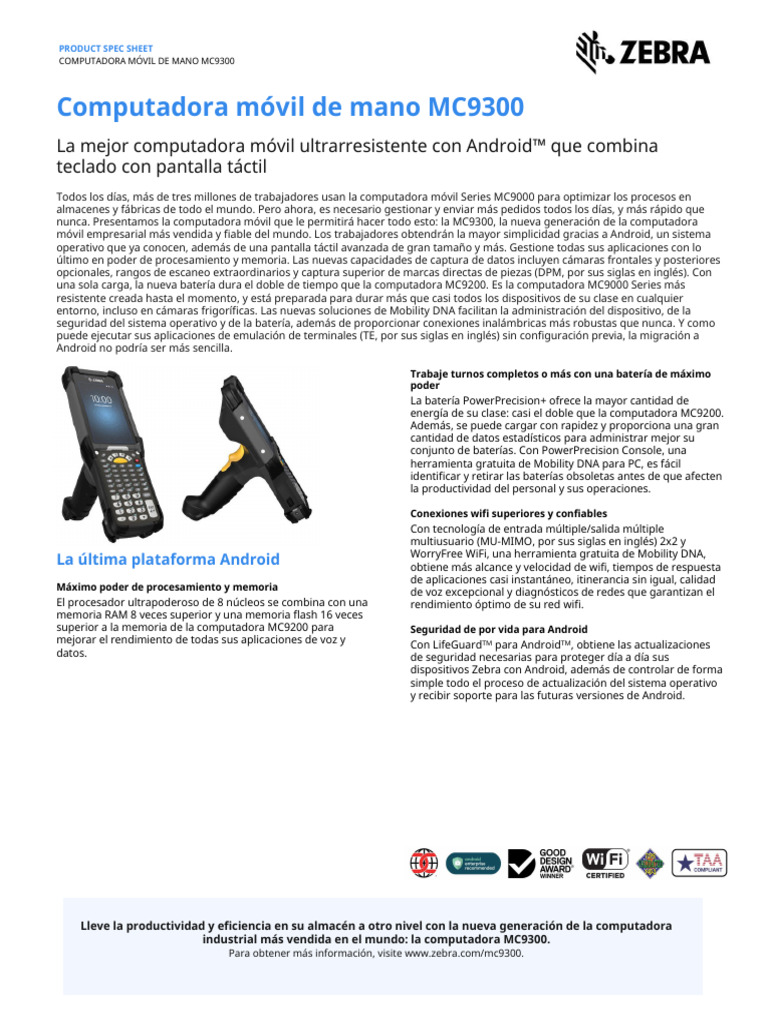 mc9300 Spec Sheet Es La | PDF | Bluetooth | Android (sistema operativo)