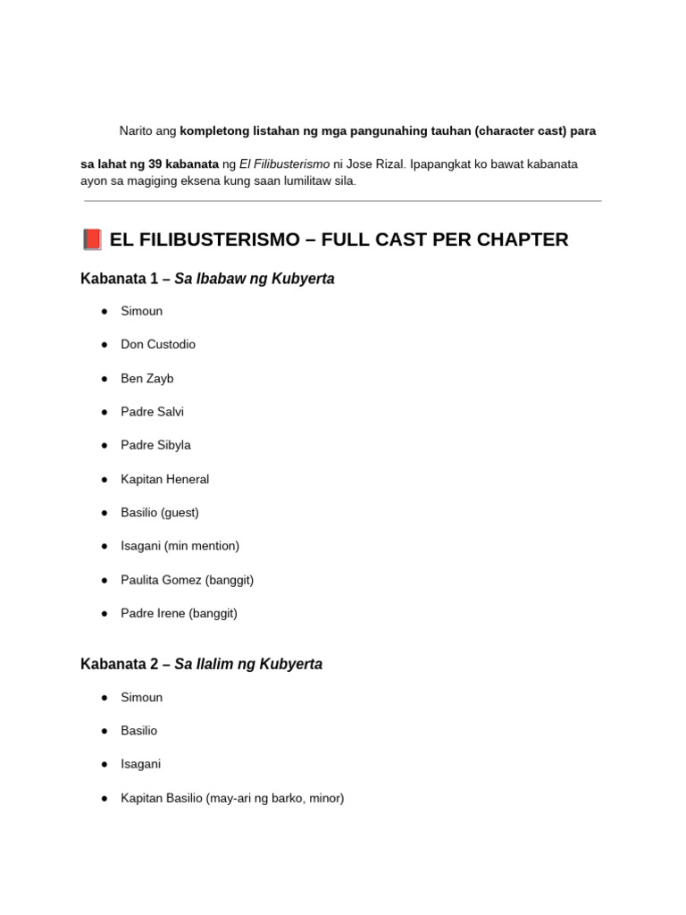 El Filibusterismo - Full Cast Per Chapter: Kabanata 1 | PDF