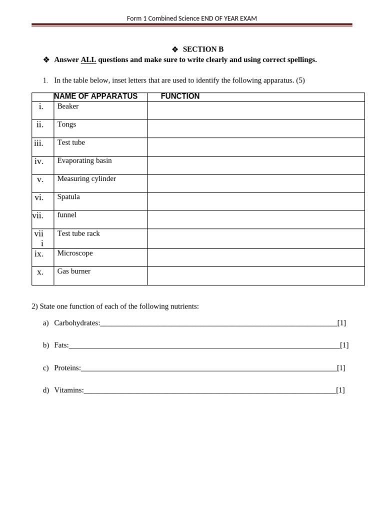 Form 1 Combined Science Exam Questions | PDF | Chloroplast | Cell (Biology)