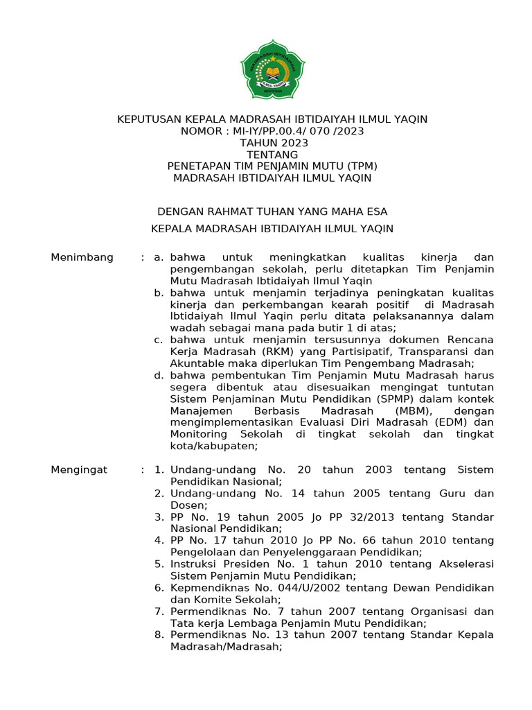 Contoh SK Tim Penjaminan Mutu (Tpm) | PDF