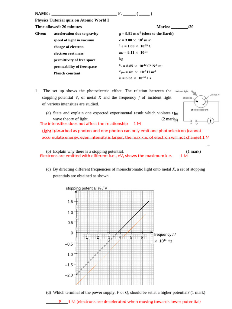 Rutherford's Model and Photoelectric Effect (Ans) | PDF | Photoelectric Effect | Electronvolt
