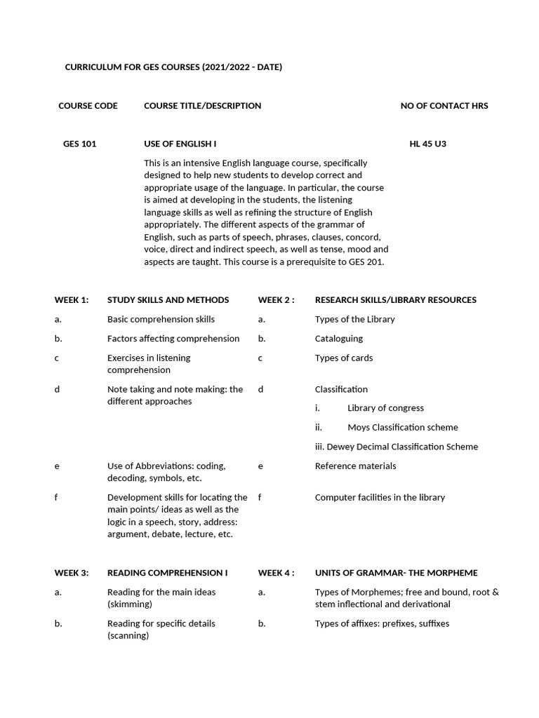 Course Outline For Ges101 | PDF | Verb | Word