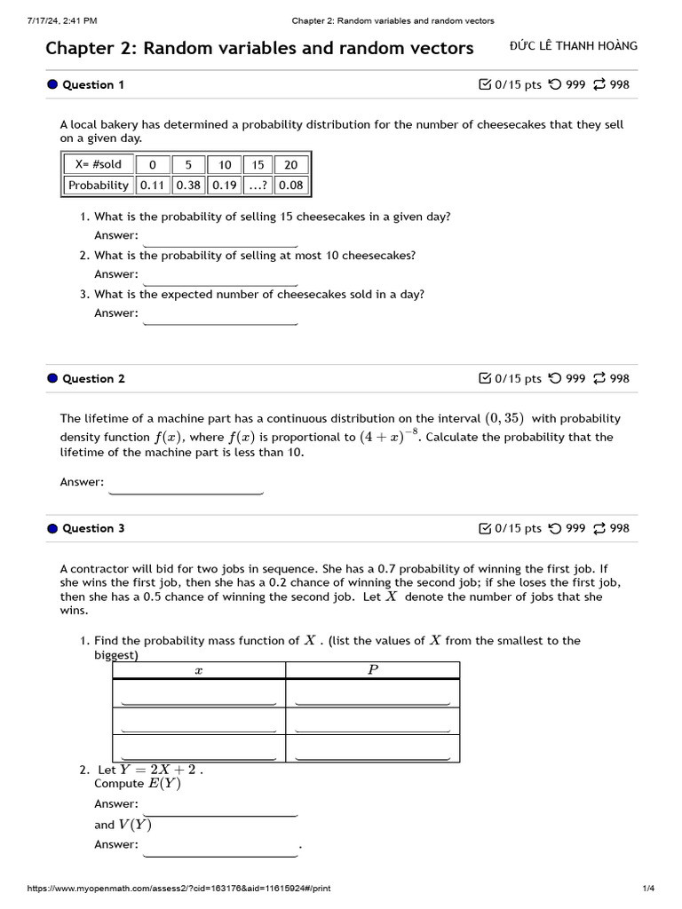 Chapter 2 - Random Variables and Random Vectors | PDF | Probability Distribution | Variance