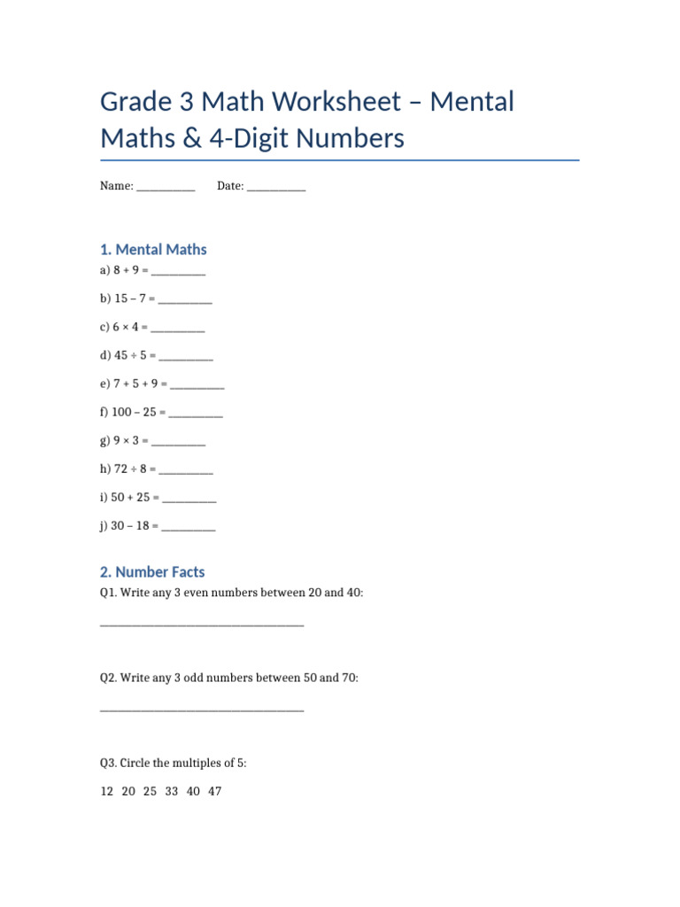 Grade 3 Mental Math & 4-Digit Worksheet | PDF