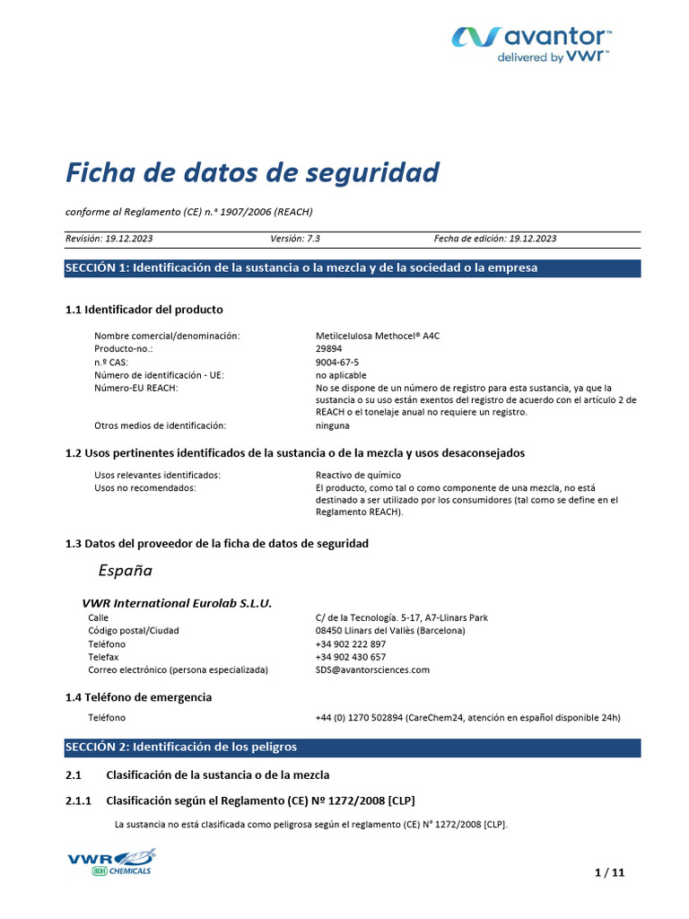 Ficha de Seguridad Metilcelulosa Methocel® A4C | PDF | Toxicidad | Agua