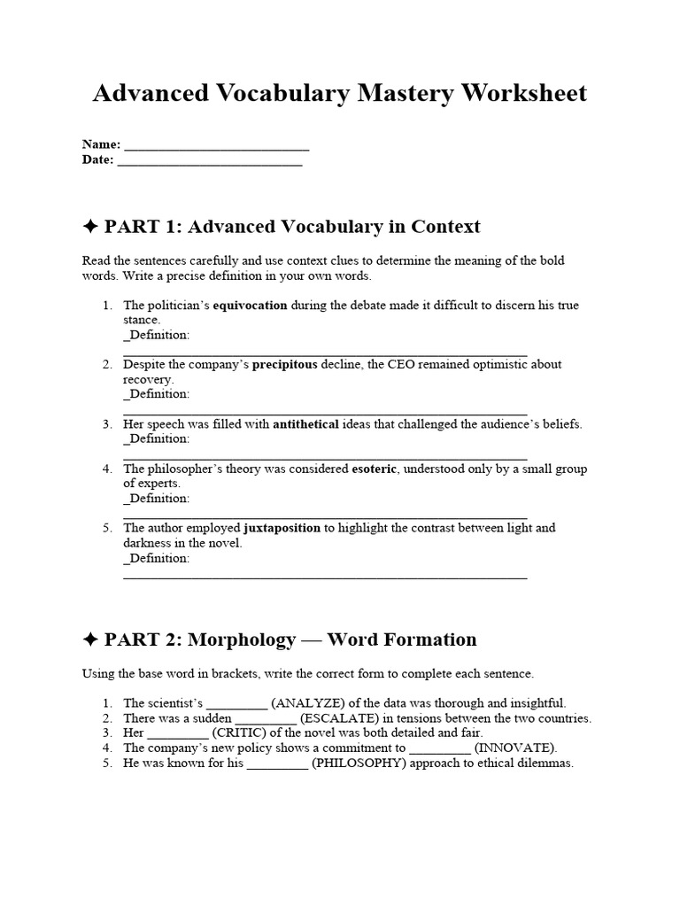 Advanced Vocabulary Mastery Worksheet | PDF | Semantics | Word