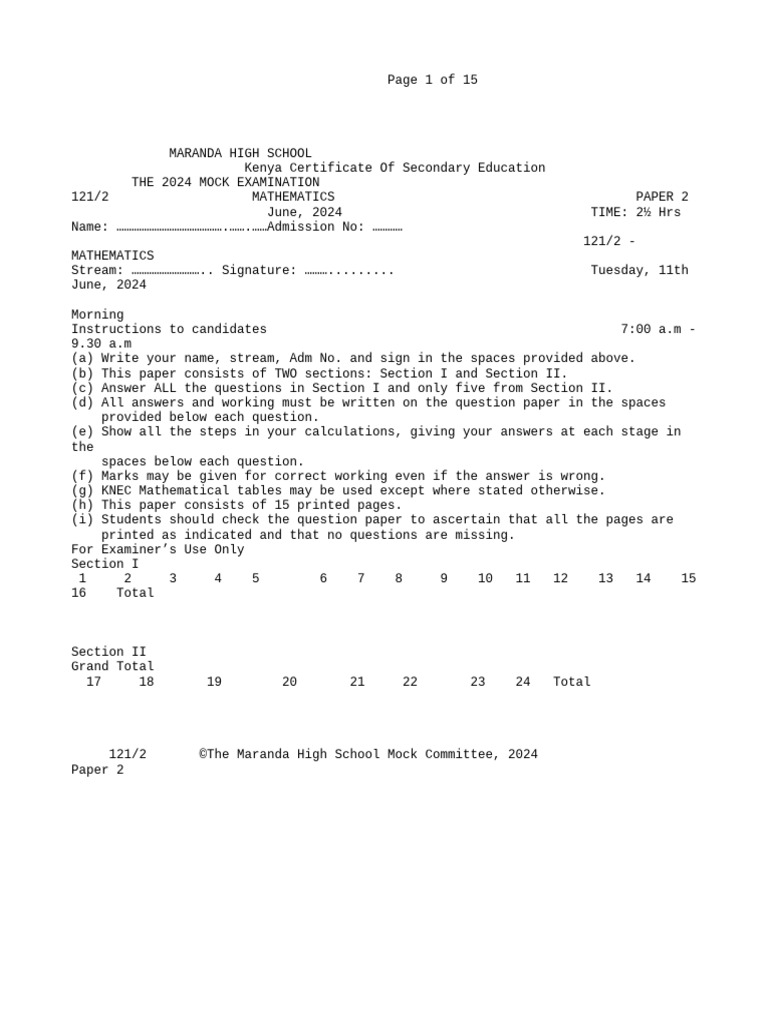 Maranda Mock 2024 Mathematics Paper 2 | PDF | Circle | Interest