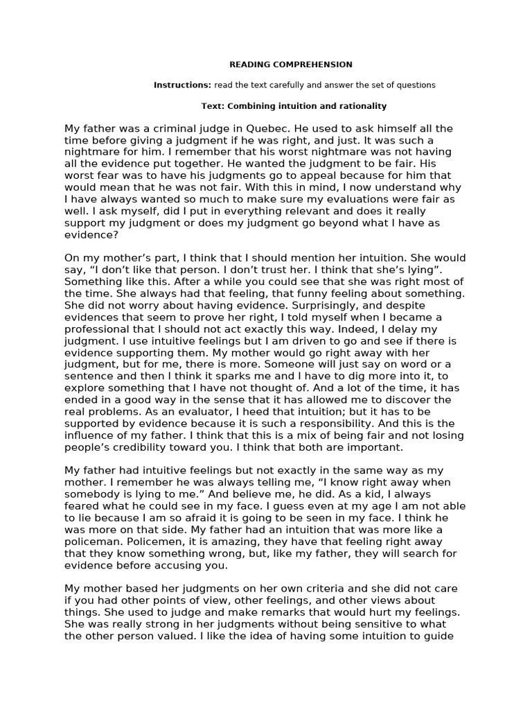 Reading Comprehension - 'Intuition and Rationality'-1 | PDF | Intuition ...