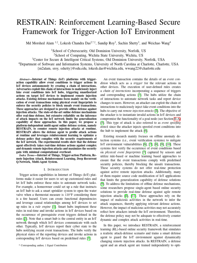 RESTRAIN Reinforcement Learning-Based Secure | PDF | Internet Of Things ...