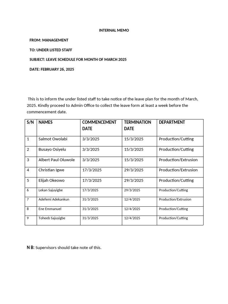 March 2025 Leave Schedule Memo | PDF