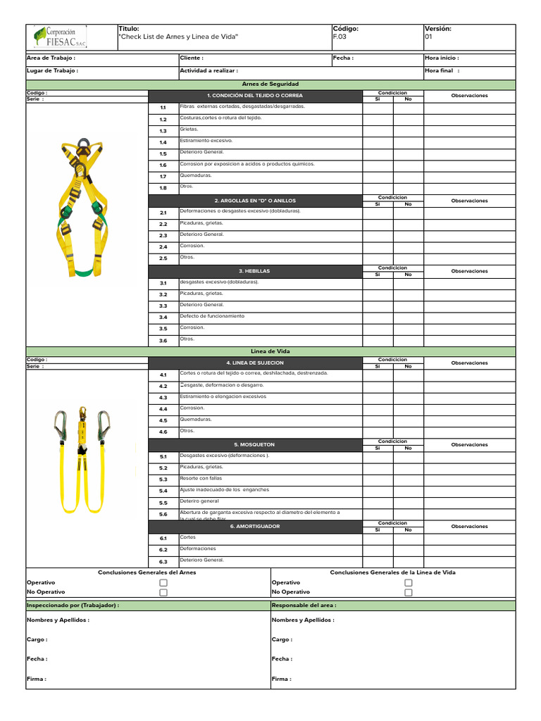 Checklist de Arnes y Línea de Vida | PDF