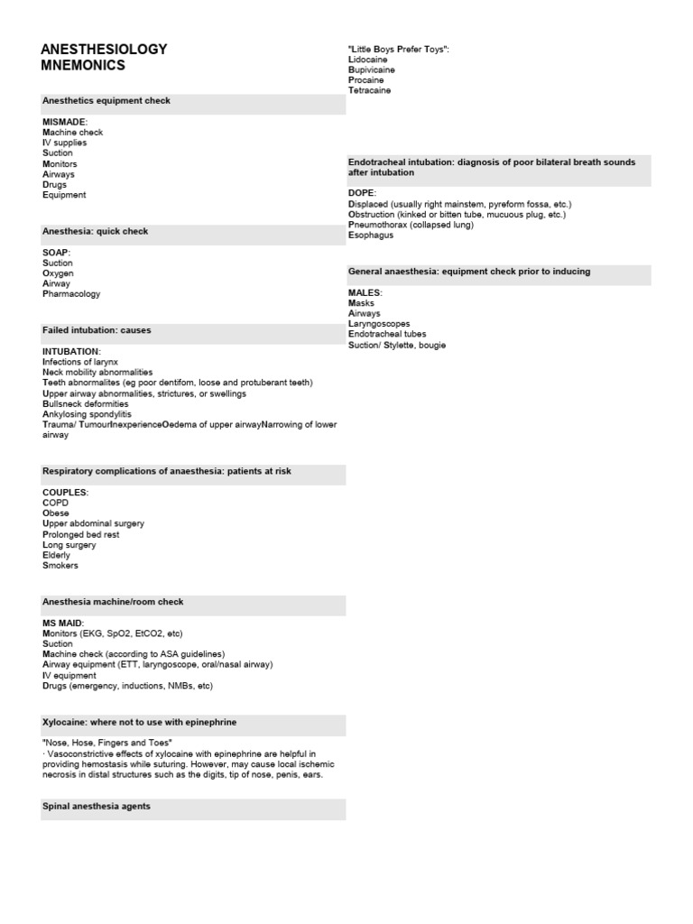Anesthesiology Mnemonics PDF Free | PDF | Respiratory Tract | Anesthesia