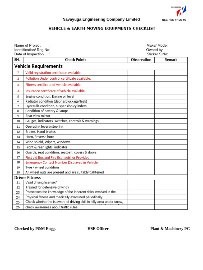 Vehicle & Equipment Safety Checklist | PDF