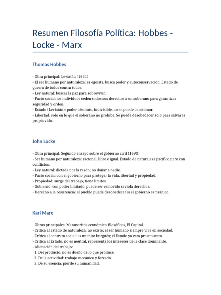 Filosofía Política: Hobbes, Locke y Marx | PDF