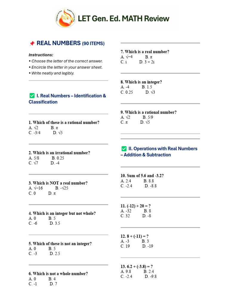 LET Gen Ed Math - REAL NUMBERS 90 Items | PDF | Decimal | Numbers