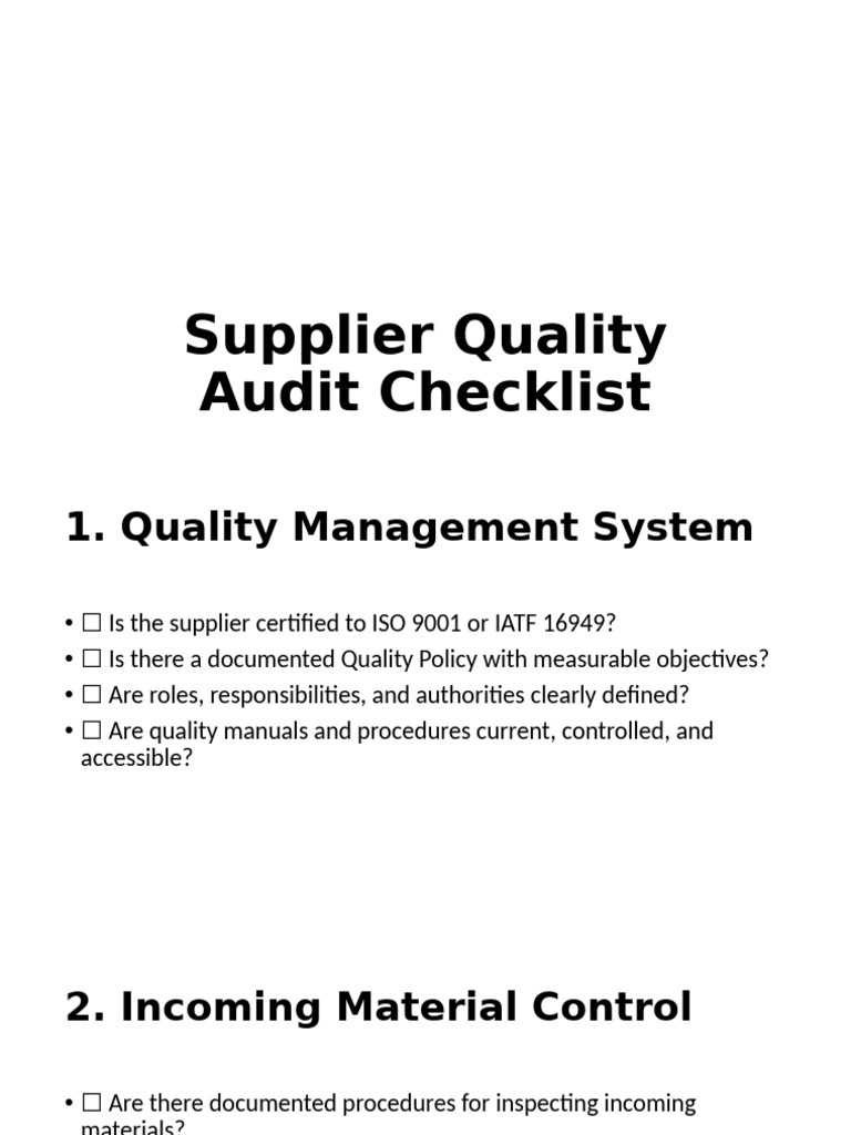Supplier Quality Audit Checklist Guide | PDF | Calibration | Audit
