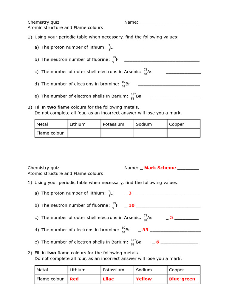 F2 Chem Test - 25-01-16 S4 Atomic Structure & Flame Colour | PDF ...