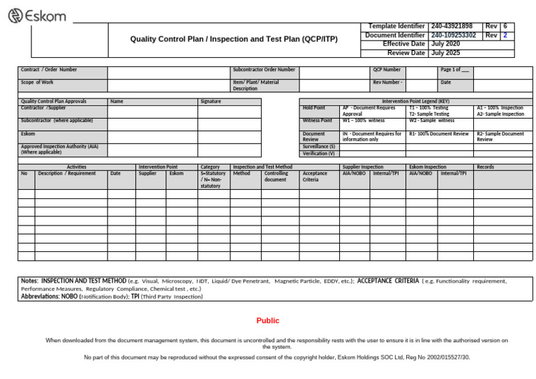 240-109253302 - Quality Control Plan or Inspection Test Plan (QCP or ...