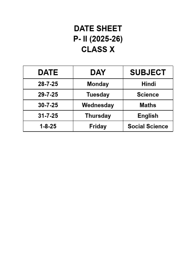 Date Sheet P-II July 2025 Class X | PDF