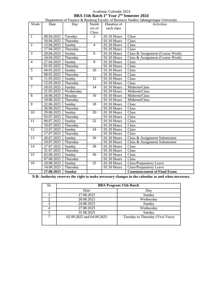 Academic Calendar 43214671352488 - 15th Batch BBA 1st Year 2nd Semester ...
