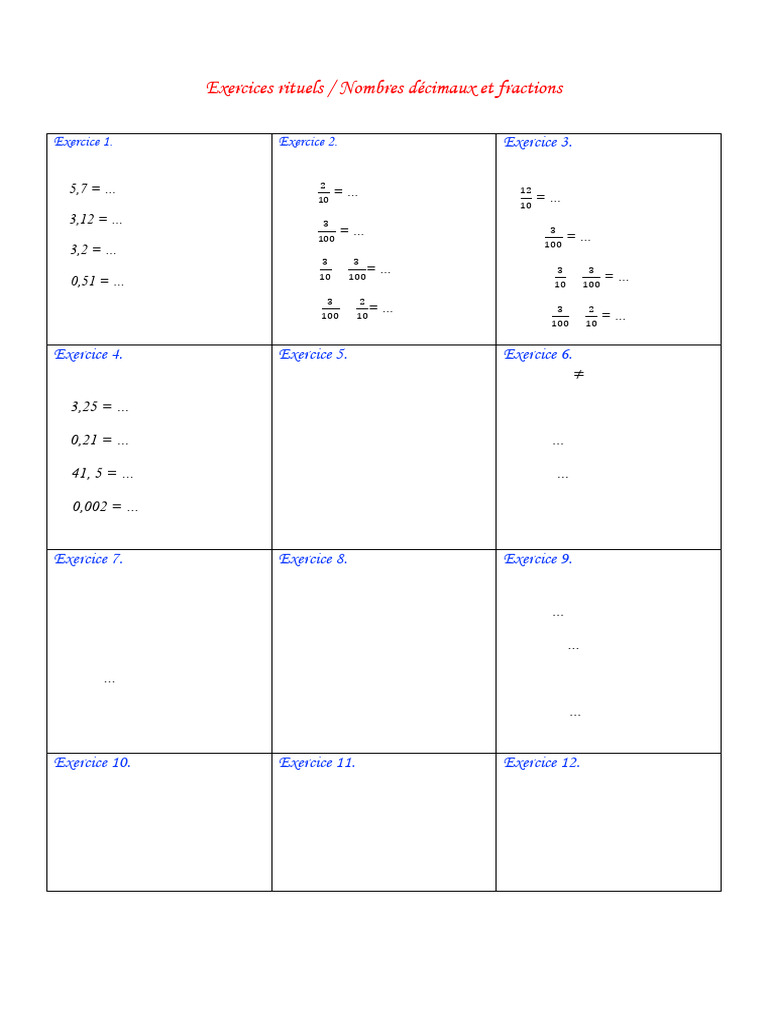 Exercices Rituels Nombre Décimaux Et Fractions | PDF