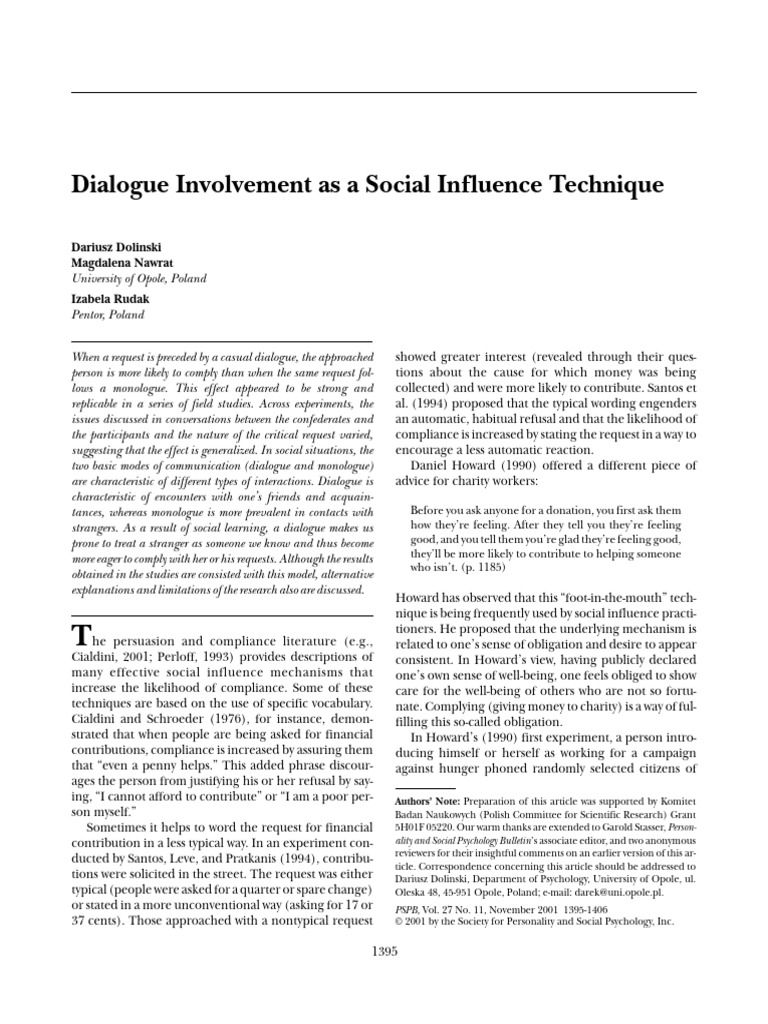 Dialogue Involvement in Compliance | PDF | Experiment | Psychological ...