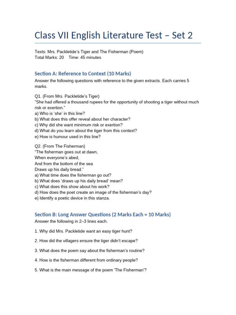 Class VII Lit Test Set 2 Mrs Packletide and Fisherman | PDF