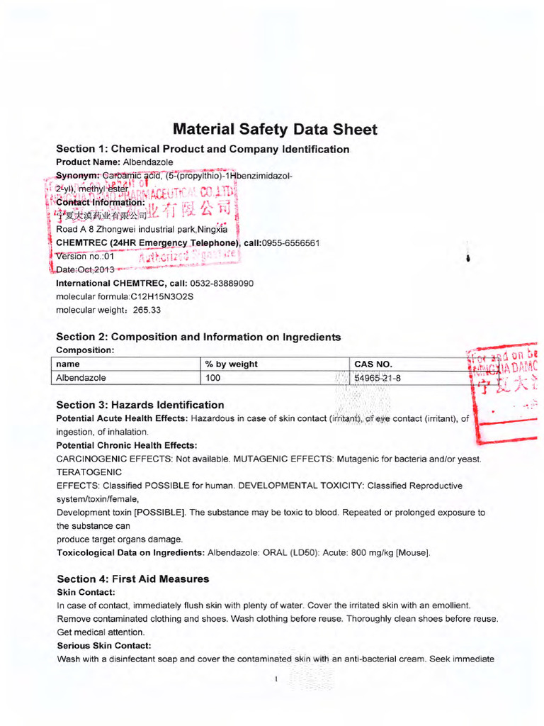 Albendazole - Ningxia Damo - MSDS | PDF