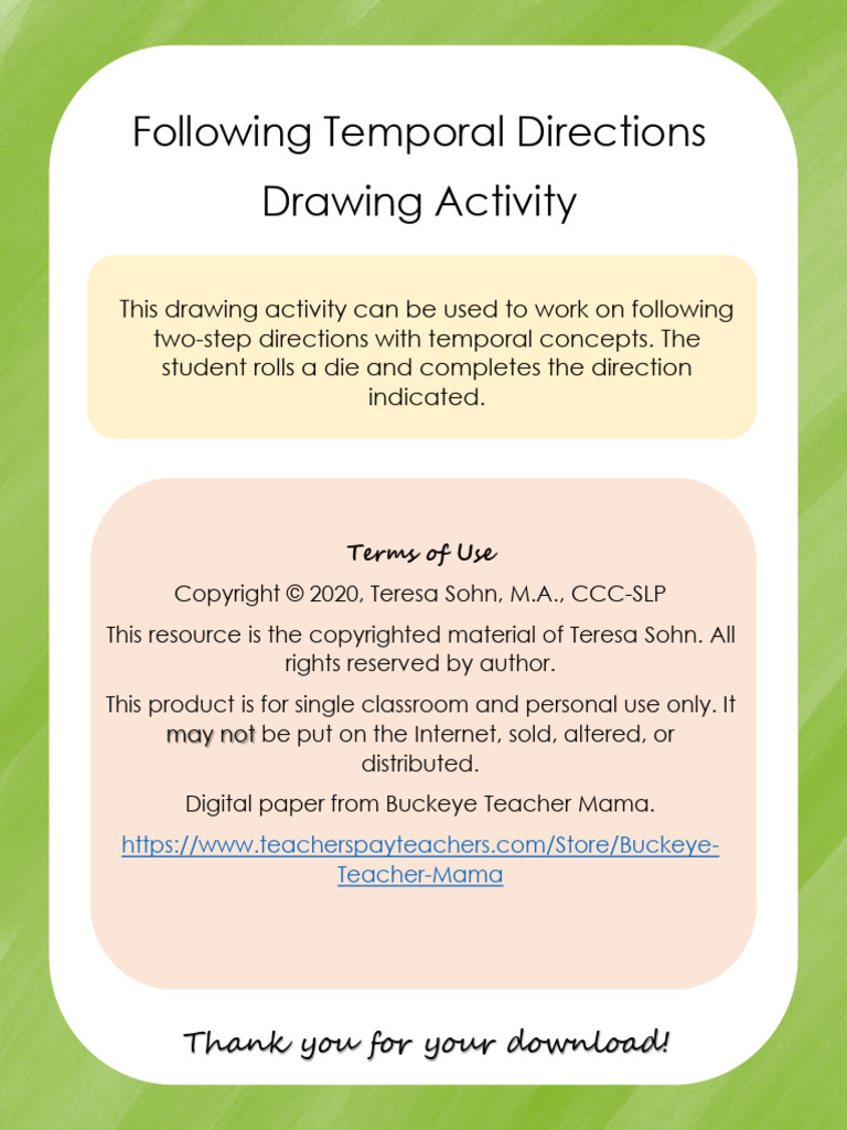 Following Temporal Directions Drawing Activity: Thank You For Your ...
