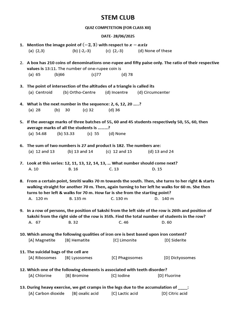 STEM Quiz Competition 2025 | PDF | Physical Sciences