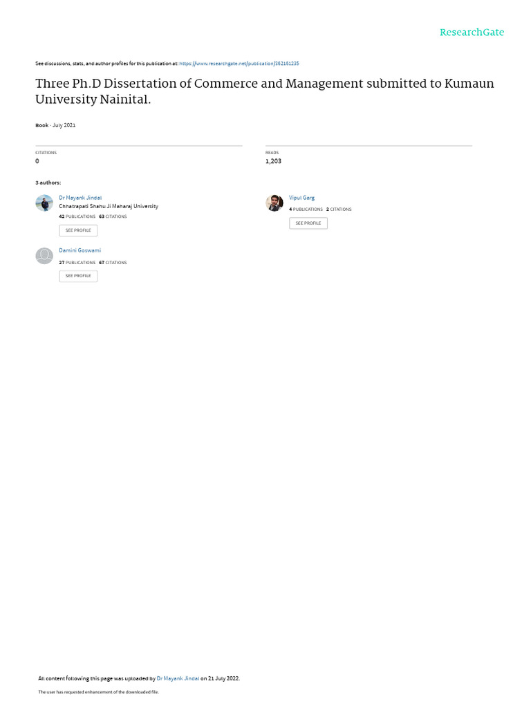 Three PH.D Dissertation of Commerce and Management Submitted To Kumaun University Nainital | PDF ...