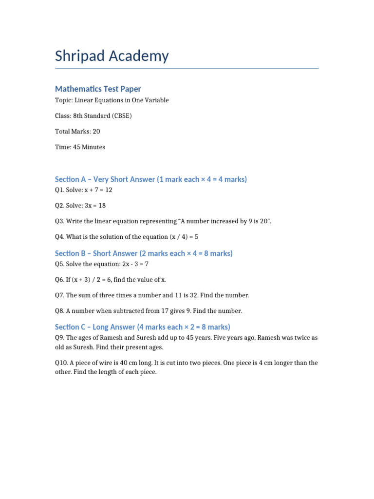 Linear Equations Test Class8 Cbse Pdf 8831