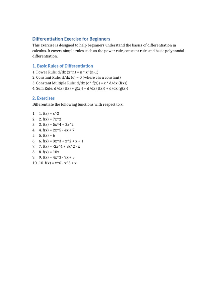Differentiation Exercise For Beginners | PDF