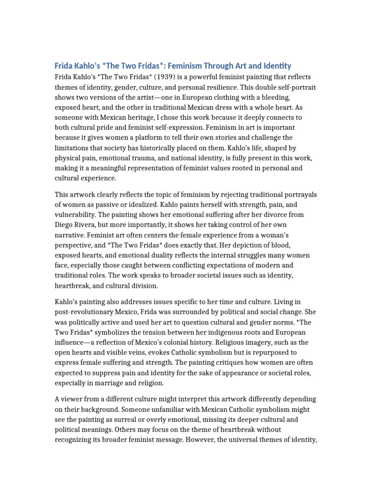 Frida Kahlo The Two Fridas Essay | PDF | Feminism | Gender Studies