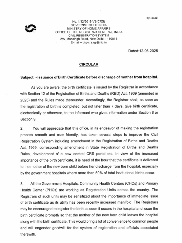 CRS Circular Issuance of Birth Certificate Before Discharge of Mother ...