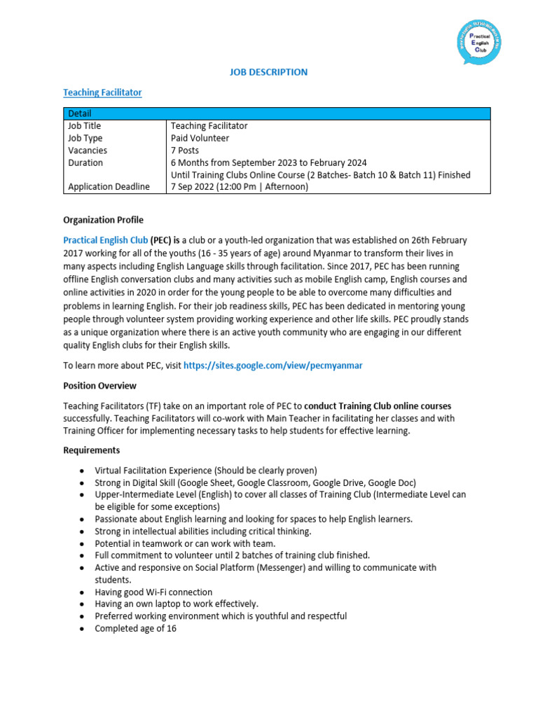 JD - Teaching Facilitator - 2023 Term 2 | PDF | Educational Technology ...